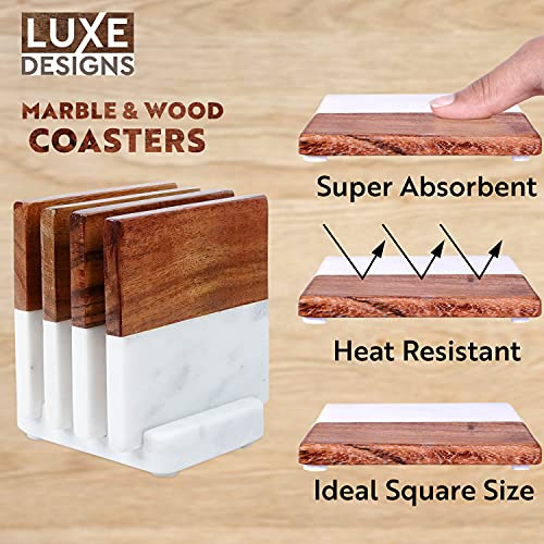 Acacia Wood & White Marble Coasters with Holder (4 Piece) β Square Absorbent Coasters For Drinks: Tea, Coffee, Wine & More β Fancy Half Marble Half Wood Coasters Set for Home & Kitchen Decor (4β x 4β)