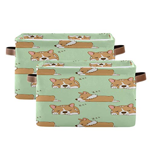 Animal Dog Corgi Cute Storage Bins Canvas Fabric Storage Basket Collapsible Storage Cube Box with Handles for Clothes, Book, Toys, Shelf, Gift Baskets, 2PC