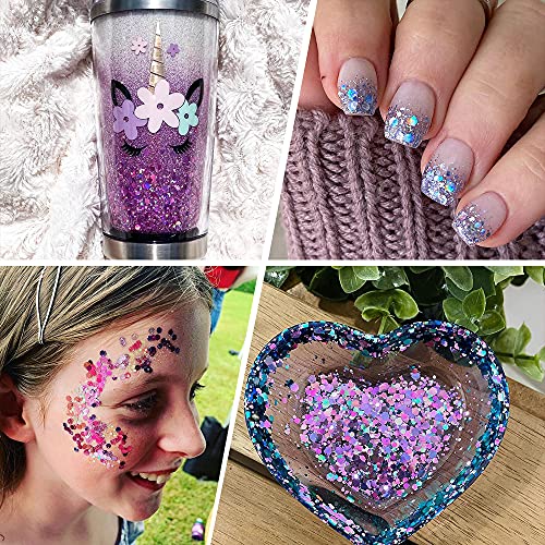 100g Holographic Glitter, Cosmetic Mixed Hexagon Chunky & Fine Craft Glitter Resin Sequins for Epoxy, Resin Art, Body, Hair, Face, Nail, Slime, Tumblers (Silver)