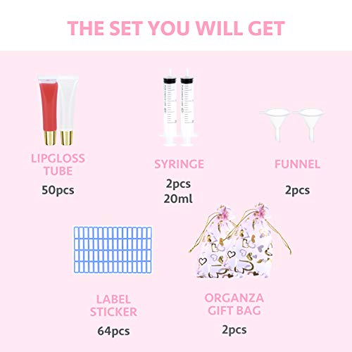 AerRoll 50Pcs 15 ML Gold Cap Empty Lip Gloss Tubes, Clear Lipgloss Squeeze Tubes With free Labels Stickers+20ml Syringe+Funnel+Gift Bags, for DIY Lip Gloss Balm Cosmetic (Gold top x 50pcs)