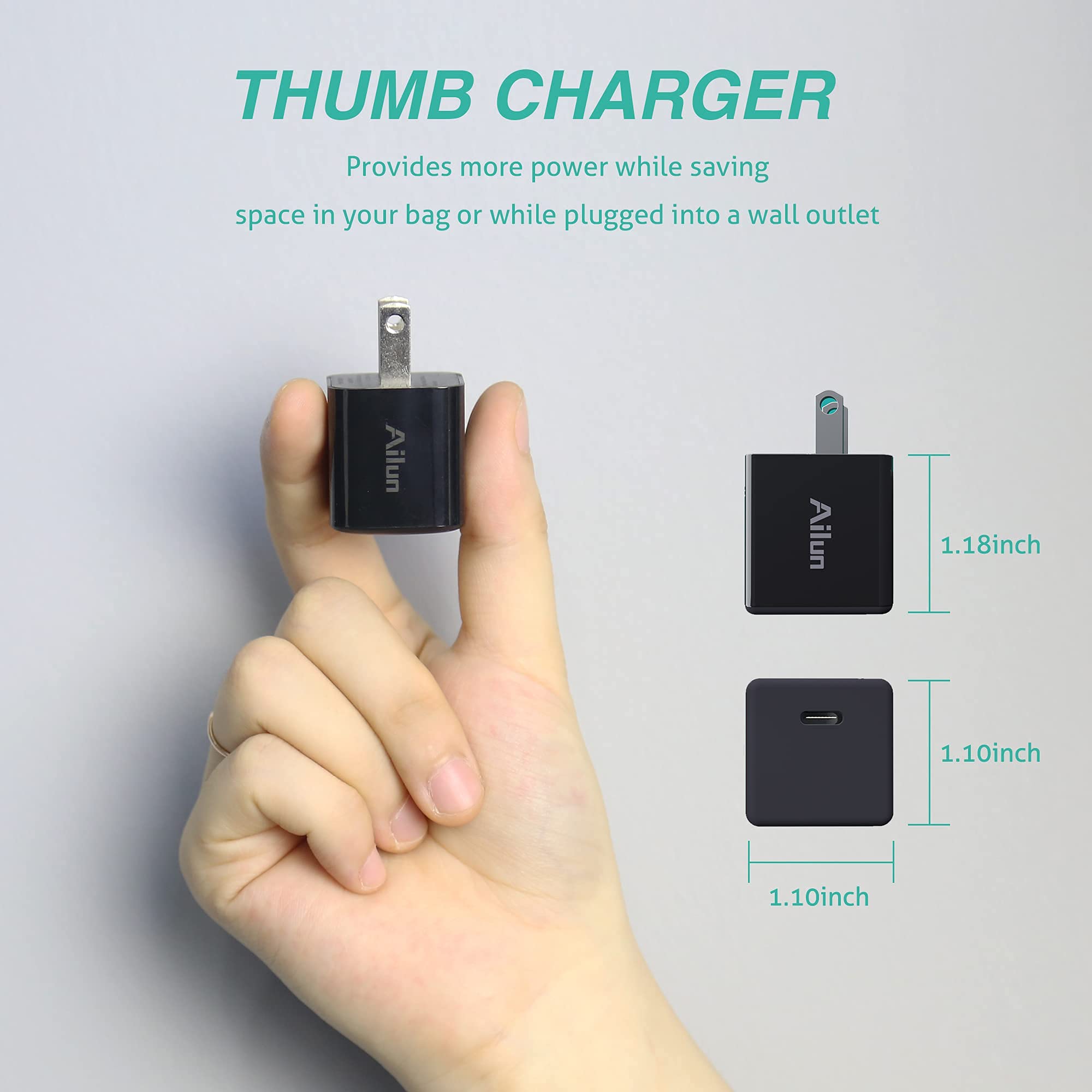 Ailun USB C Thumb Fast Wall Charger Block 20W Power Adapter 1Pack,USB C to Lightning Cable[6ft MFi Certified] 1Pack Compatible with iPhone 14/14 Pro/13/13 Pro/12/12 Pro/12 Mini/11/Airpods Pro/iPad Pro