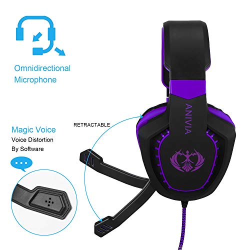 Anivia Gaming Headset Bass Surround Sound Stereo PS4 PS5 Headset with Microphone Volume Control Noise Canceling Mic Over-Ear Headphones Compatible for PS4 Xbox one Laptop PC Mac Purple