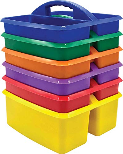 Assorted Primary Colors Portable Plastic Storage Caddy 6-Pack for Classrooms, Kids Room, and Office Organization, (Blue, Green, Orange, Purple, Red and Yellow) 3 Compartment