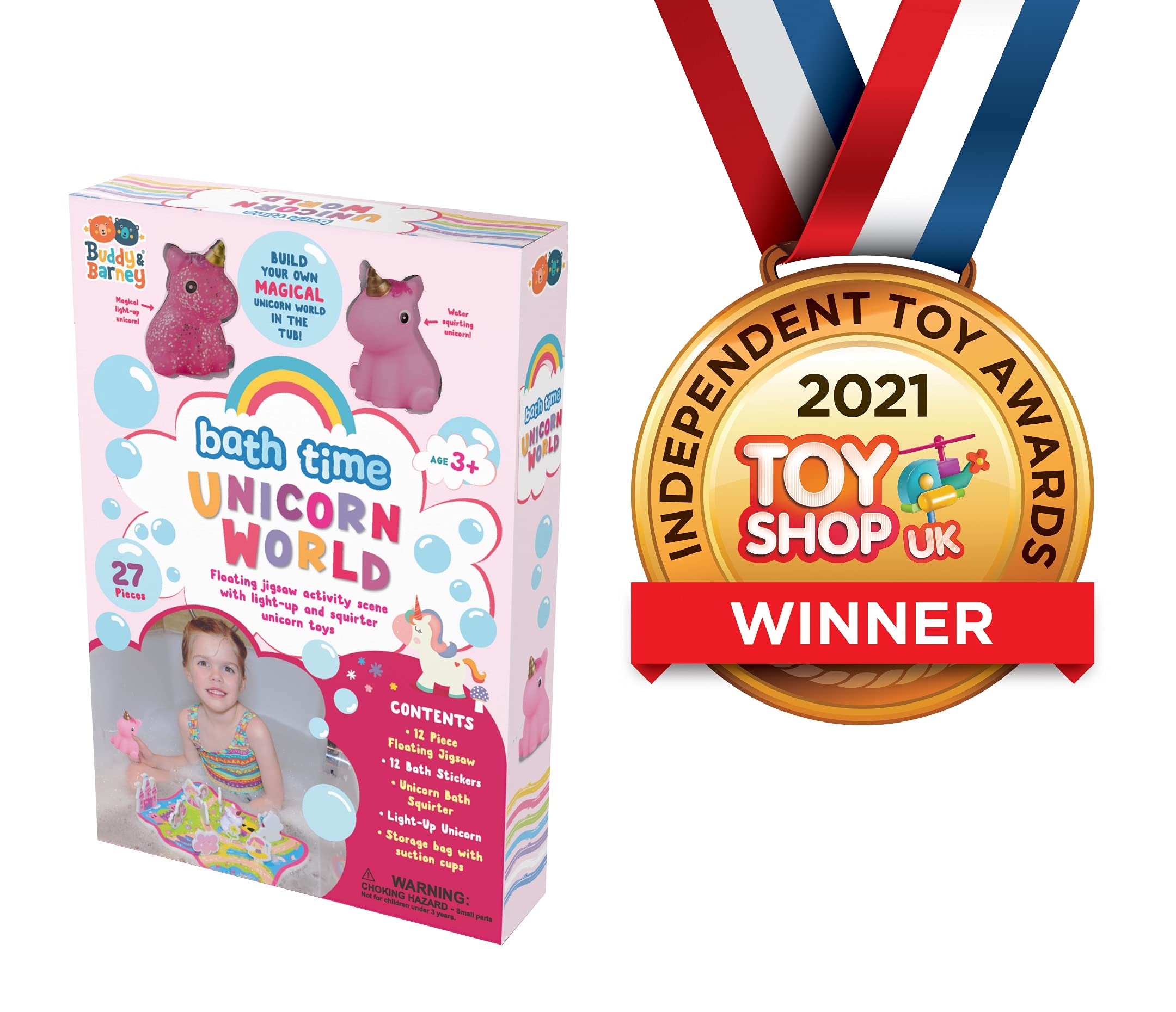 Buddy and Barney Bath Unicorn World Activity Set | Light up Floating Bath Toys for Toddlers | Set of 12 Floating Jigsaw Puzzle, 12 Foam Bath Stickers and Unicorn Water Squirter with Mesh Storage Bag