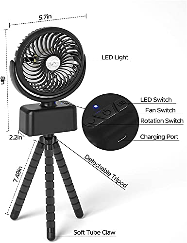 Oscillating Stroller Fan with LED Lantern, 5000mAh Battery Operated Rechargeable Camping Fan with Flexible Tripod Clip On Stroller, 3 Wind Speeds & LED Light