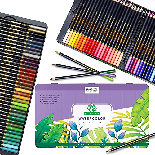 PAGOS Watercolor Pencils Set – 72 Professional Drawing Pencils for Kids Adults Artists, Art Supplies for Coloring, Creating Beautiful Blending Effects with Vivid Colors Brush and Water, Layering.