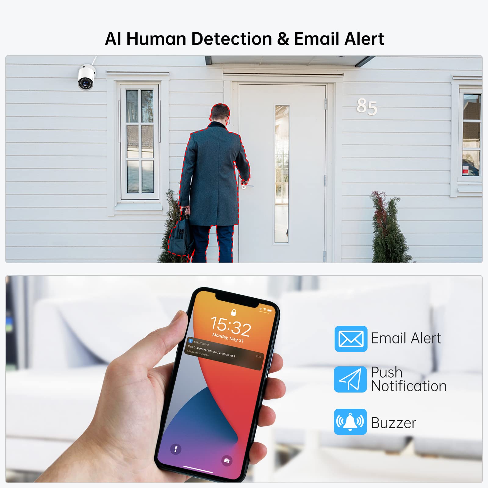 5MP PoE CCTV Cameras Security System with AUDIO 1TB Hard Drive, SMONET 8CH Home Surveillance NVR Kits, Clearer Than DVR, 4pcs Wired Indoor Outdoor IP Cameras AI Human Detection Night Vision,Free APP