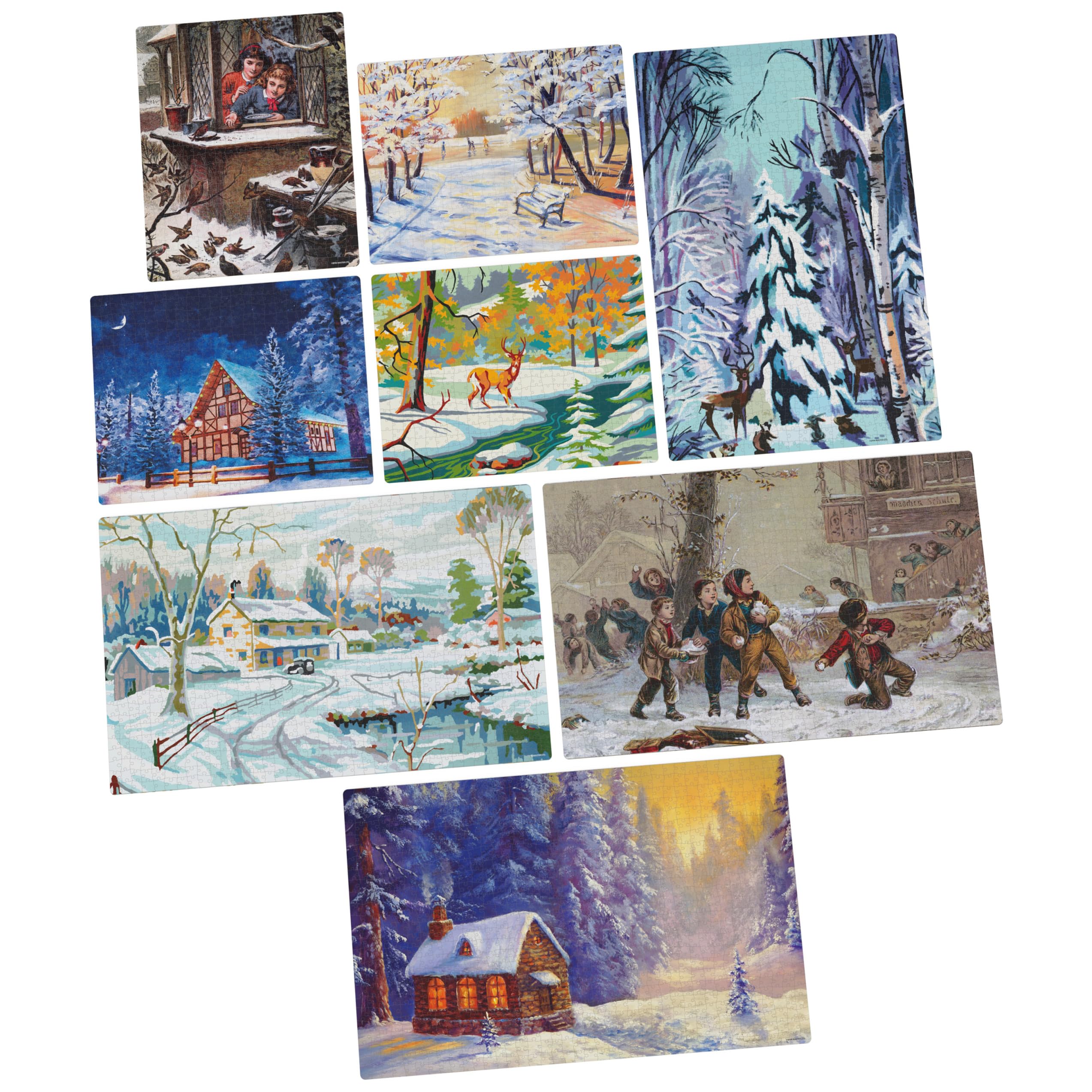 24 Jigsaw Puzzle Bundle, Holiday Winter Snow Illustration Landscape, 1000, 500, 300, 100, 48, 24 Pieces, for Kids and Adults Ages 8 and up