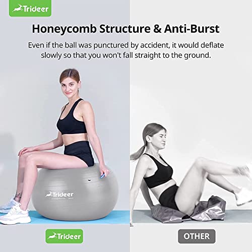 Trideer Extra Thick Yoga Ball Exercise Ball, 5 Sizes Ball Chair, Heavy Duty Swiss Ball for Balance, Stability, Pregnancy, Physical Therapy, Quick Pump Included (Gray, XL (68-75cm))