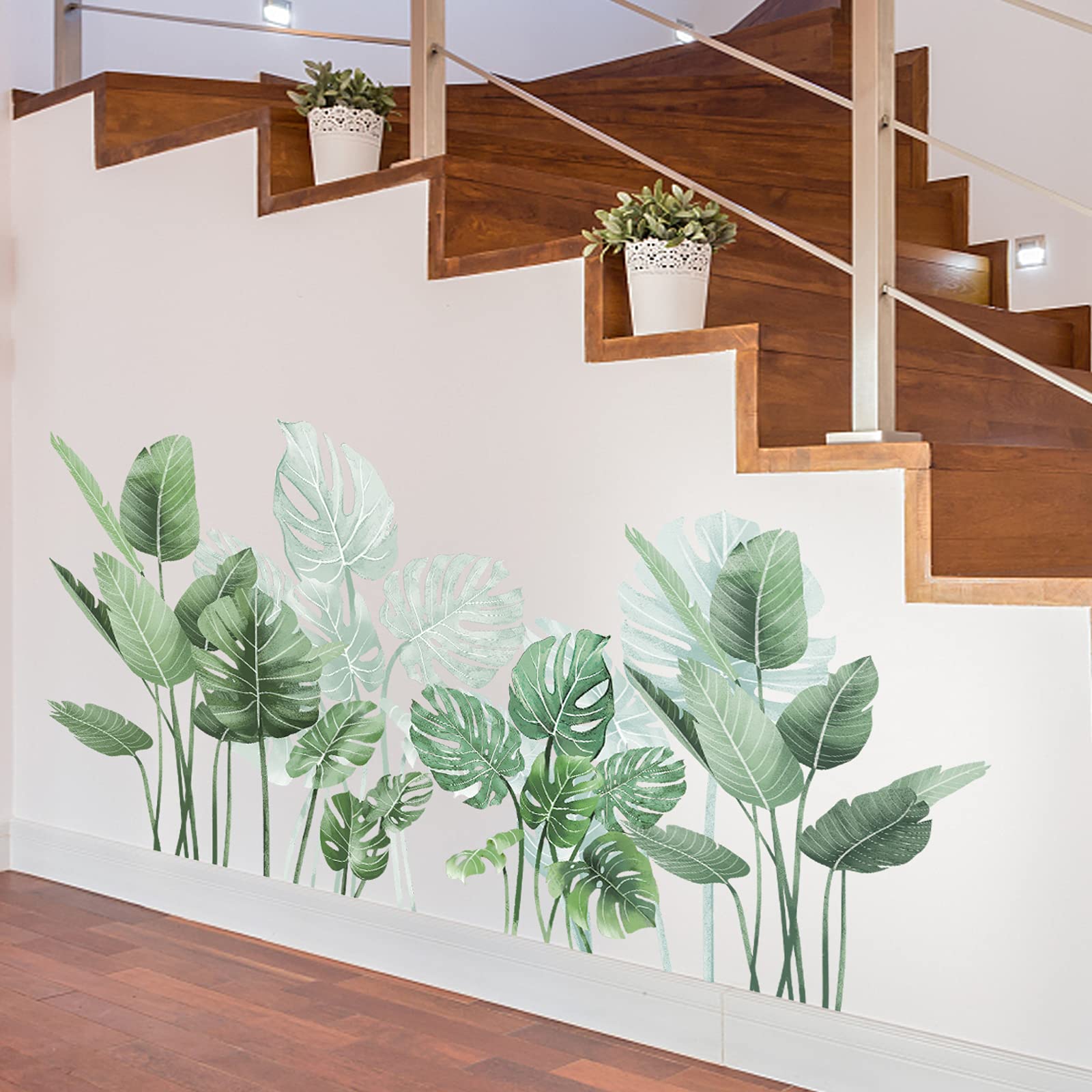 Tropical Green Plants Leaf Wall Stickers, ULENDIS Removable Nature Palm Tree Leaves Wall Decals, Creative Skirting Line Art Mural Decor for Kids Nursery Living Room Bedroom Kitchen