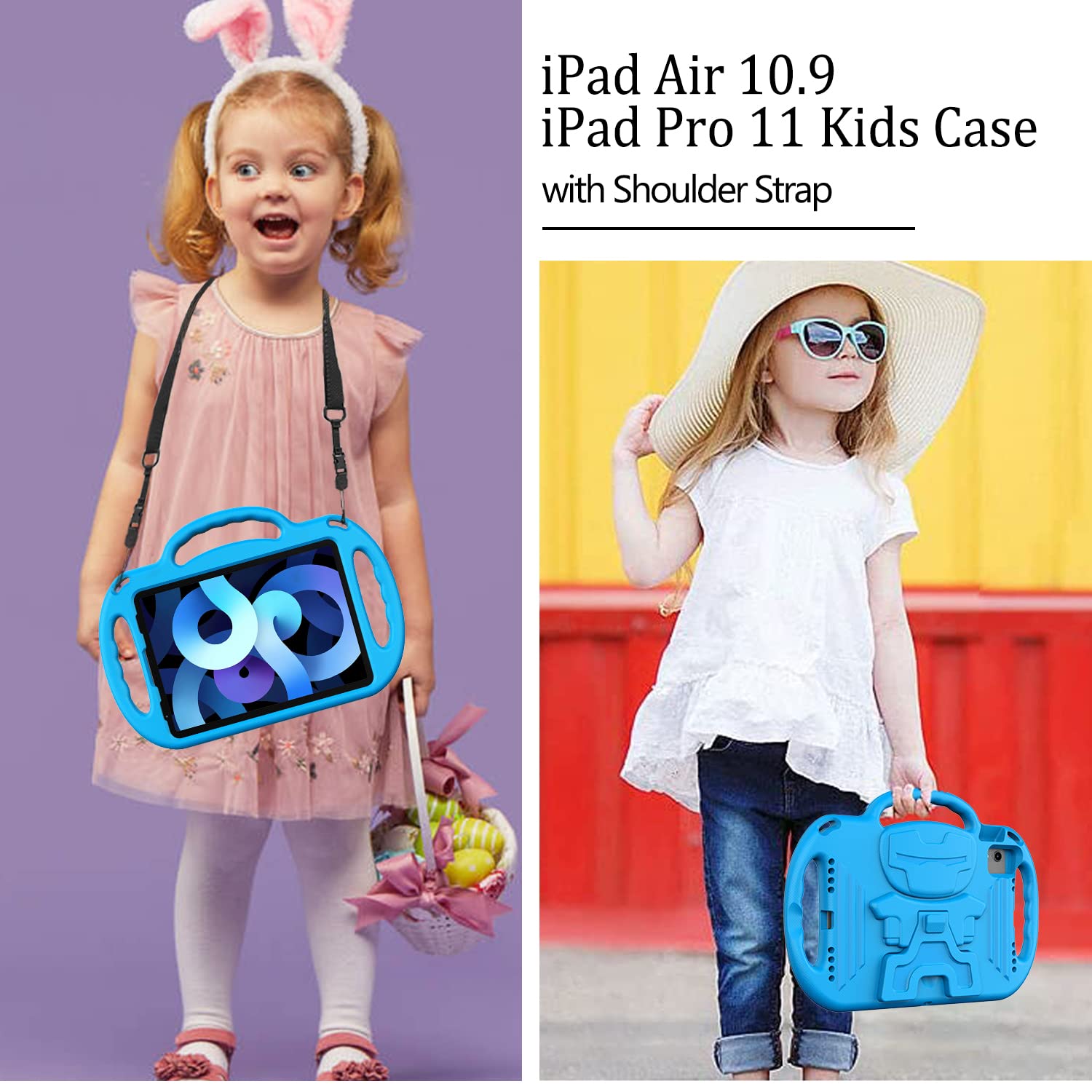 LTROP Kids Case for iPad Air 6th Gen(11",2024) & Air 5th/4th Gen & Pro 11, Durable Shockproof Case with Shoulder Strap Handle Stand for iPad 10.9 & 11 inch Tablets, Blue