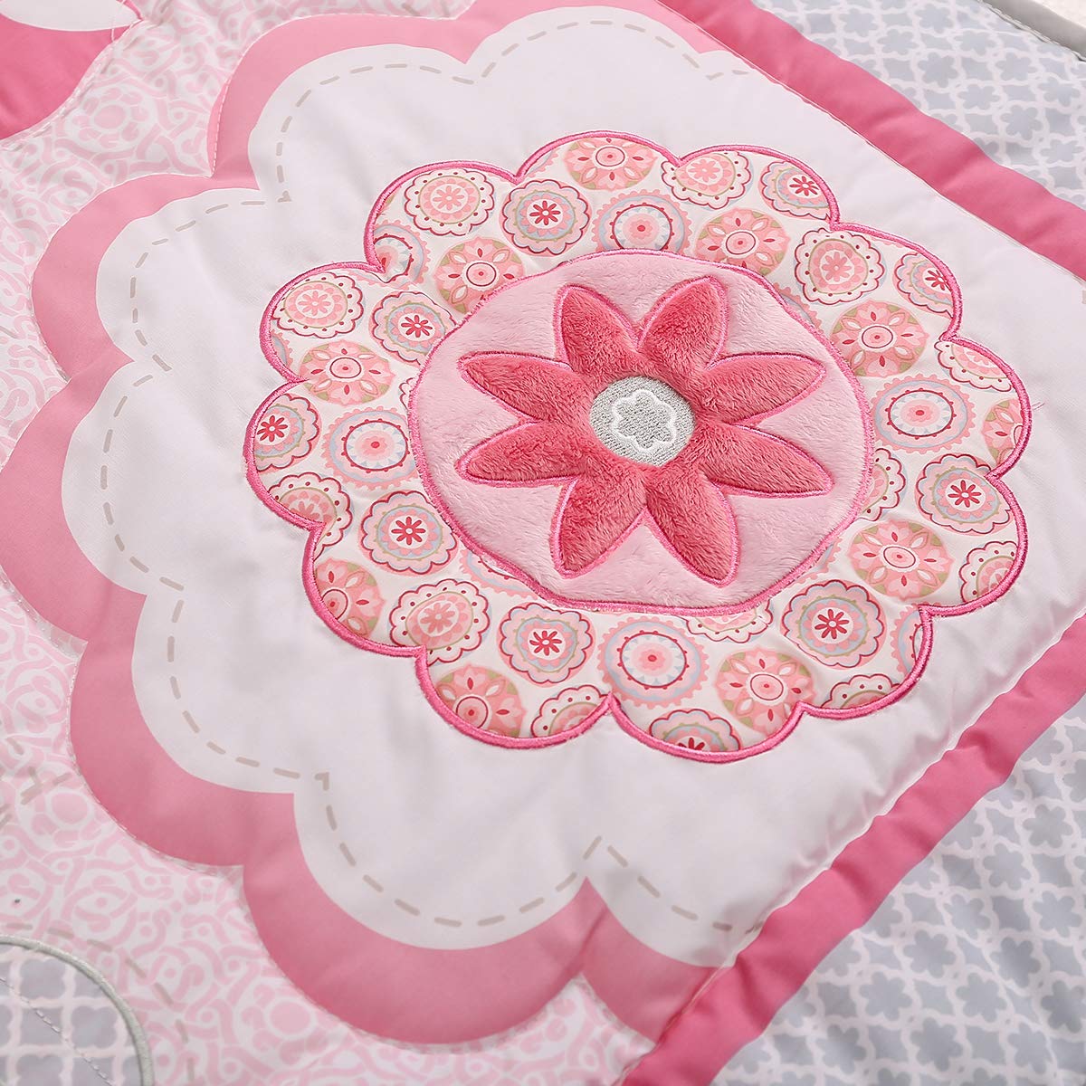 5 PCs Pink Floral Nursery Crib Bedding Set Embroidery Birds Flower Baby Girl Cot Bedding Set Quilt + Fitted Sheet + Skirt + Window Valance + Changing Pad Sheet