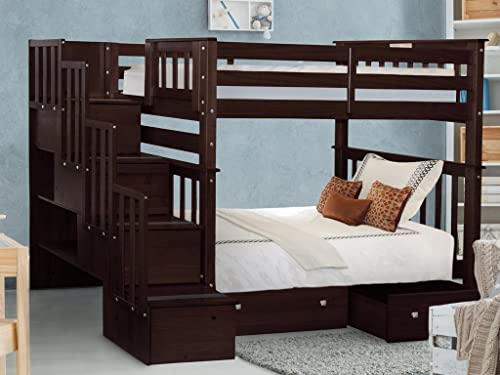 Bedz King Tall Stairway Bunk Beds Twin over Twin with 4 Drawers in the Steps and 2 Under Bed Drawers, Dark Cherry