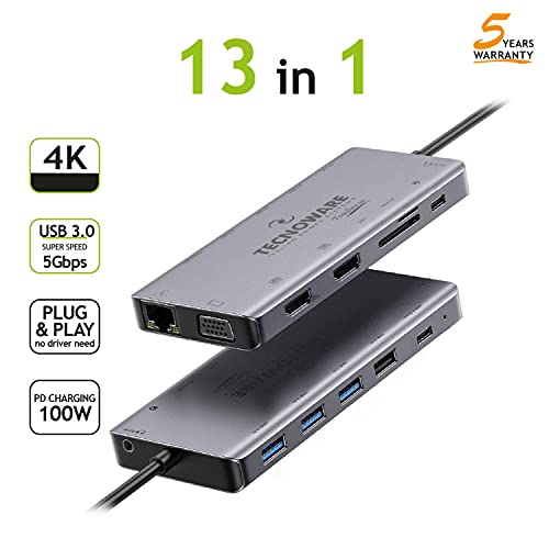 Tecnoware Hub USB Type-C, 13 in 1 Adapter, Compatible with MacBook, Notebook, iPad, Windows, Huawei ecc. 13 Ports: USB 2.0/3.0, USB Type-C, Ethernet, HDMI 4K, Card Slot SDXC, Micro SD, Jack Audio.