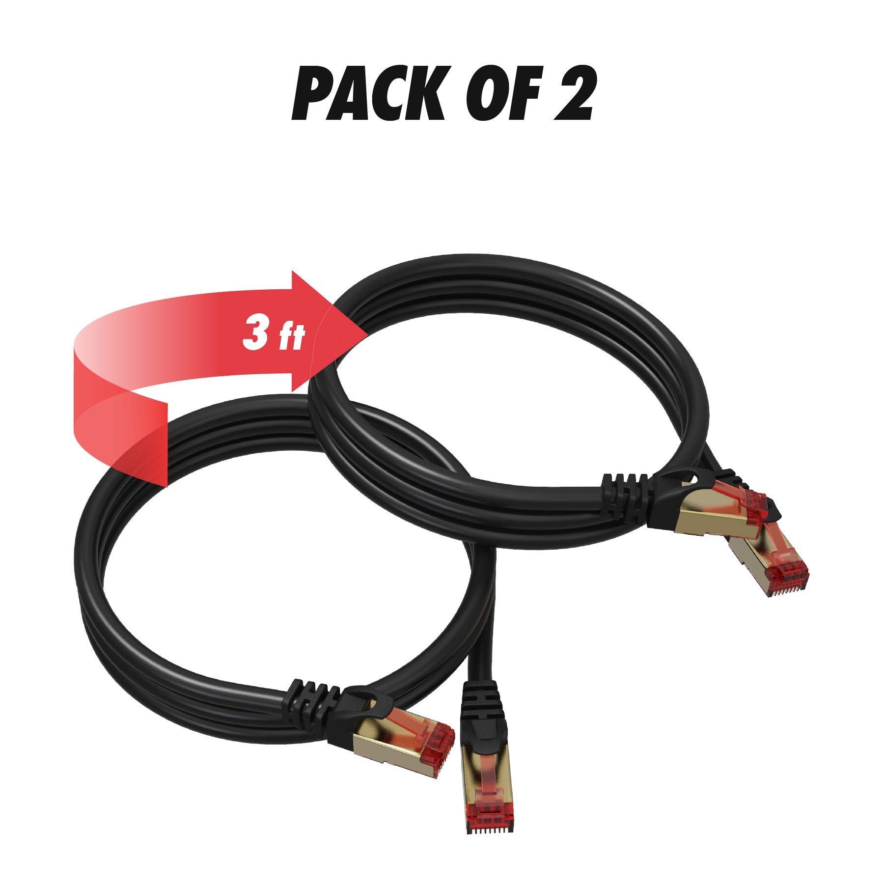Ultra Clarity Cables Cat 8 Ethernet Cable 3 FT [2 Pack], High Speed 40 Gbps 2000Mhz Internet LAN Cable with Gold Plated RJ45 Connector, Weatherproof Ethernet Cord for Router, PC, PS5, Xbox - Black