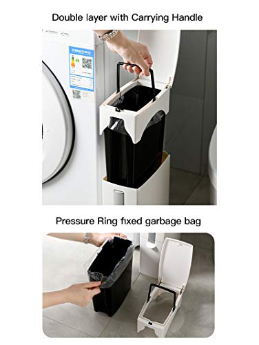Huaqinglian Plastic Rectangle Slim Gap Trash Can Wastepaper Basket Bins 1.3 Gallon with Toilet Brush Holder Double Layer Garbage Can for Bathroom/Kitchen/Office (Grey)
