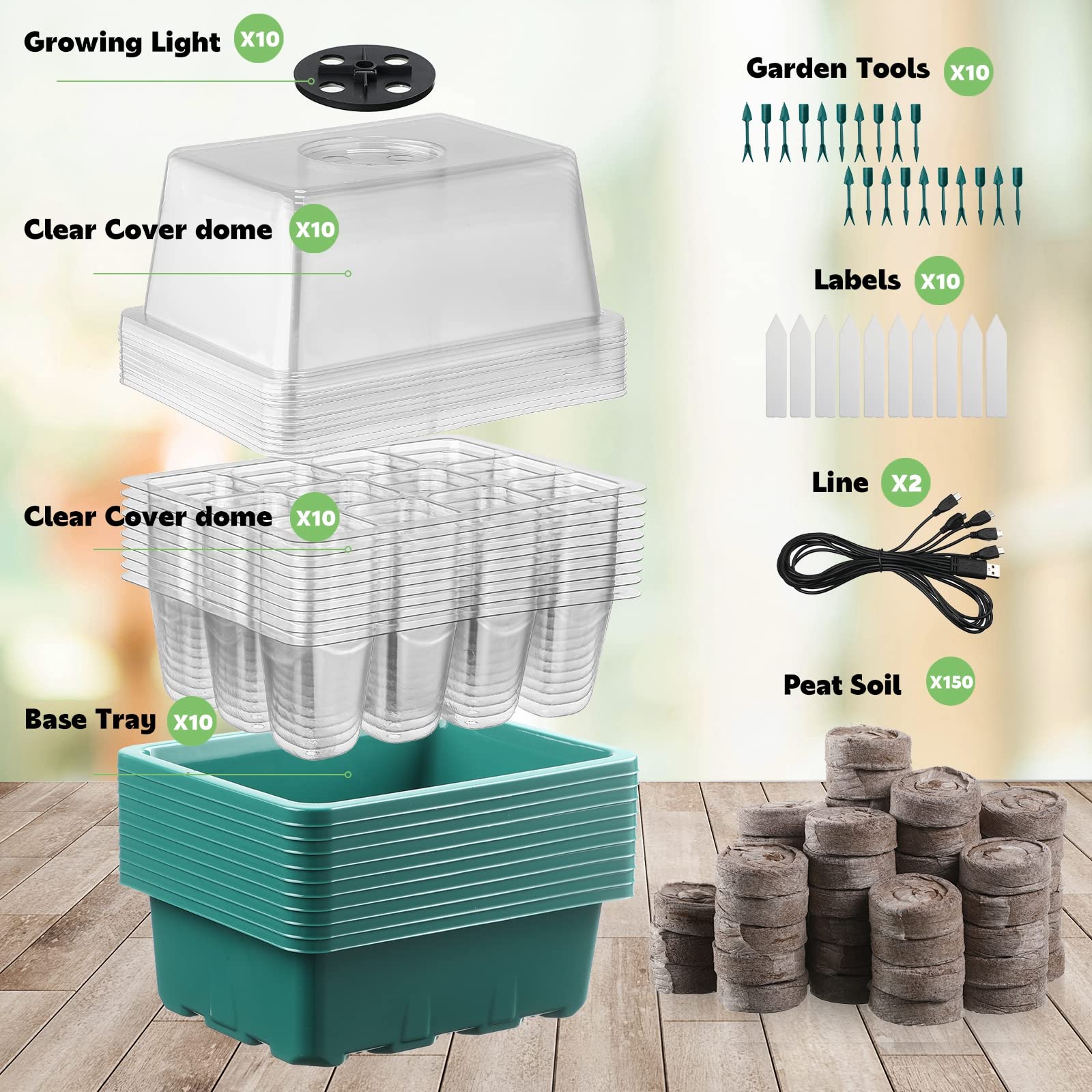 10 Pack Seed Starter Trays with Grow Light, 150 Peat Soil Pellet, 120 Cell Garden Seed Starter Trays Plant Grow Seed Box Tray with Adjustable Humidity Dome for Plant Germination Growing