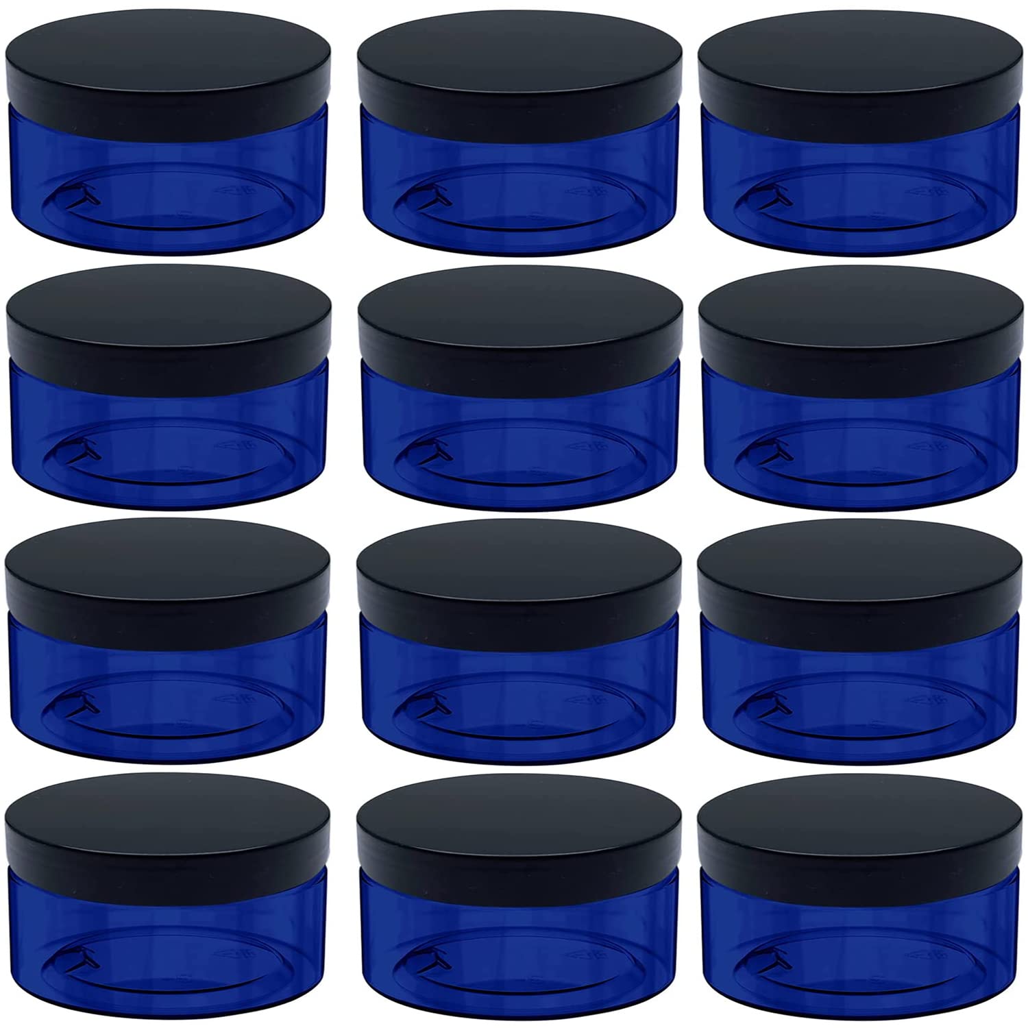 5 Ounce Blue Plastic Cosmetic Jars, Wide Mouth Refillable Containers with Lids for Creams, Lotion, Ointments, Make Up, Bath Salt and Body Butter, 12 Pcs