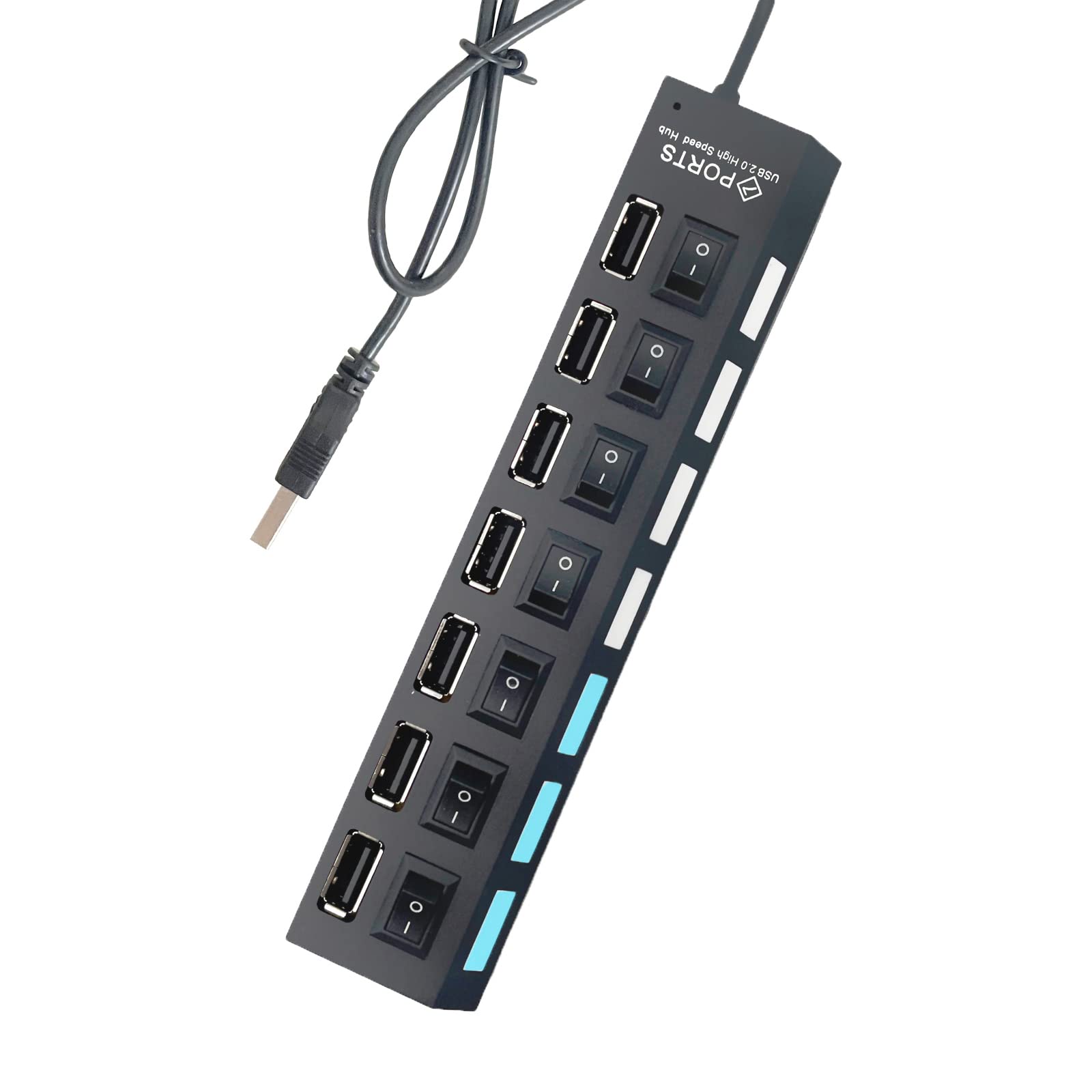 7-Port USB Hub 2.0, USB Hub USB Splitter with Individual Switches for Laptop, Computer, Keyboard and Mouse, USB Devices (Black)