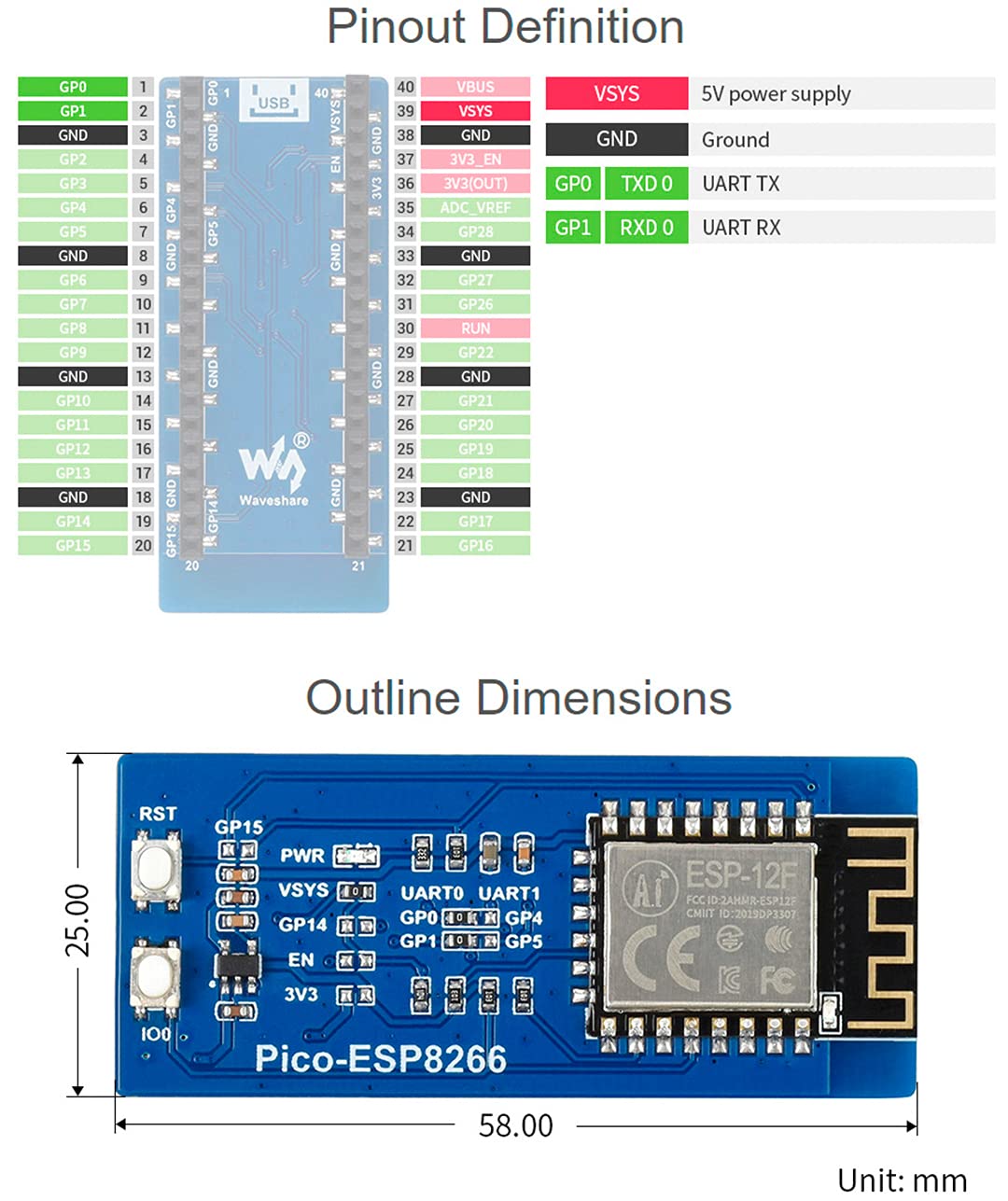 ESP8266 WiFi Module for Raspberry Pi Pico, WiFi Expansion Module Controlled via UART at Command, Support TCP/UDP Protocol,STA, AP, and STA+AP Three WiFi Operating Modes