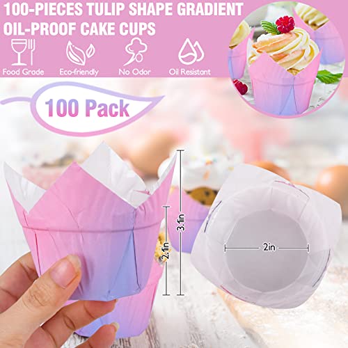 100 Pack Tulip Baking Cupcake Liners, Food Grade Greaseproof Paper Dessert Cup, Festival Gradient Color Muffin Cups Holder, 2x2 inches Cake Container Wrapper for Party, Wedding, Birthday, Christmas