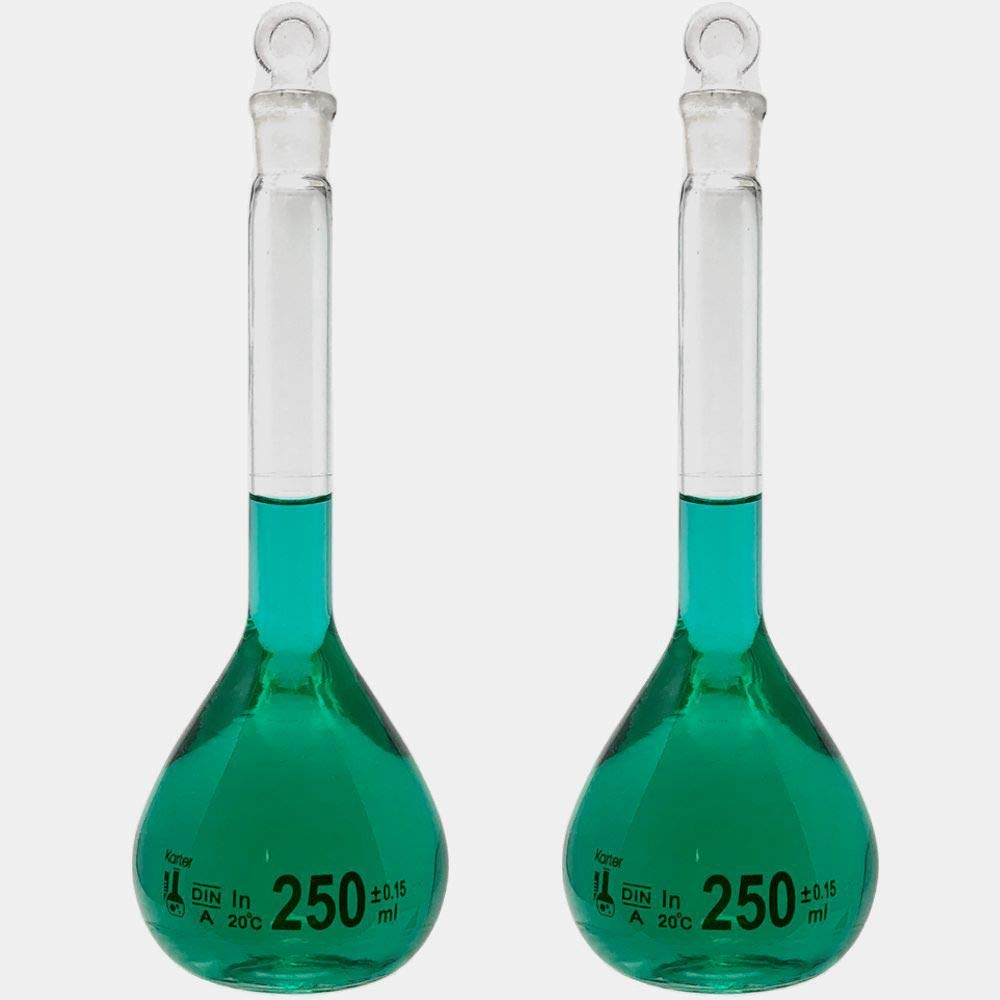 250ml Volumetric Flask, 3.3 Boro Glass, Class A, Ground Stopper, Karter Scientific 213W6 (Pack of 2)