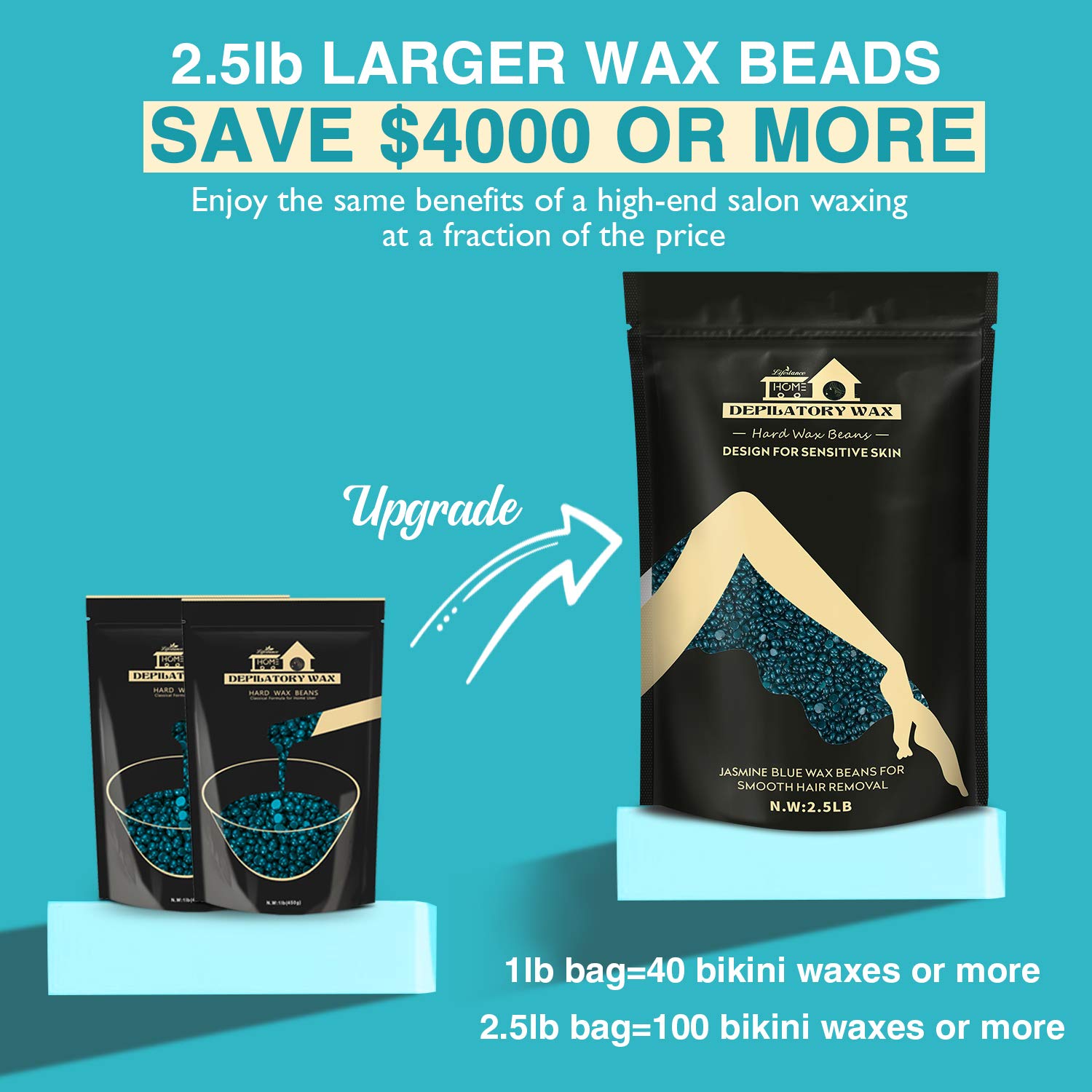2.5lb Lifestance Hard Blue Brazilian Bikini Wax Kit with 30 Applicators - Pearl Wax Beads for Face, Body, Legs - For Women and Men
