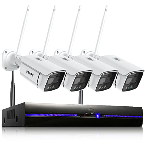 REIGY 3MP WiFi Security Camera System with Floodlight Without Hard Drive, 2K Outdoor Home Surveillance Set 8CH 5MP NVR + 4X 1296P IP Cam, 2-Way Audio Remote View Color Night Vision Motion Detection