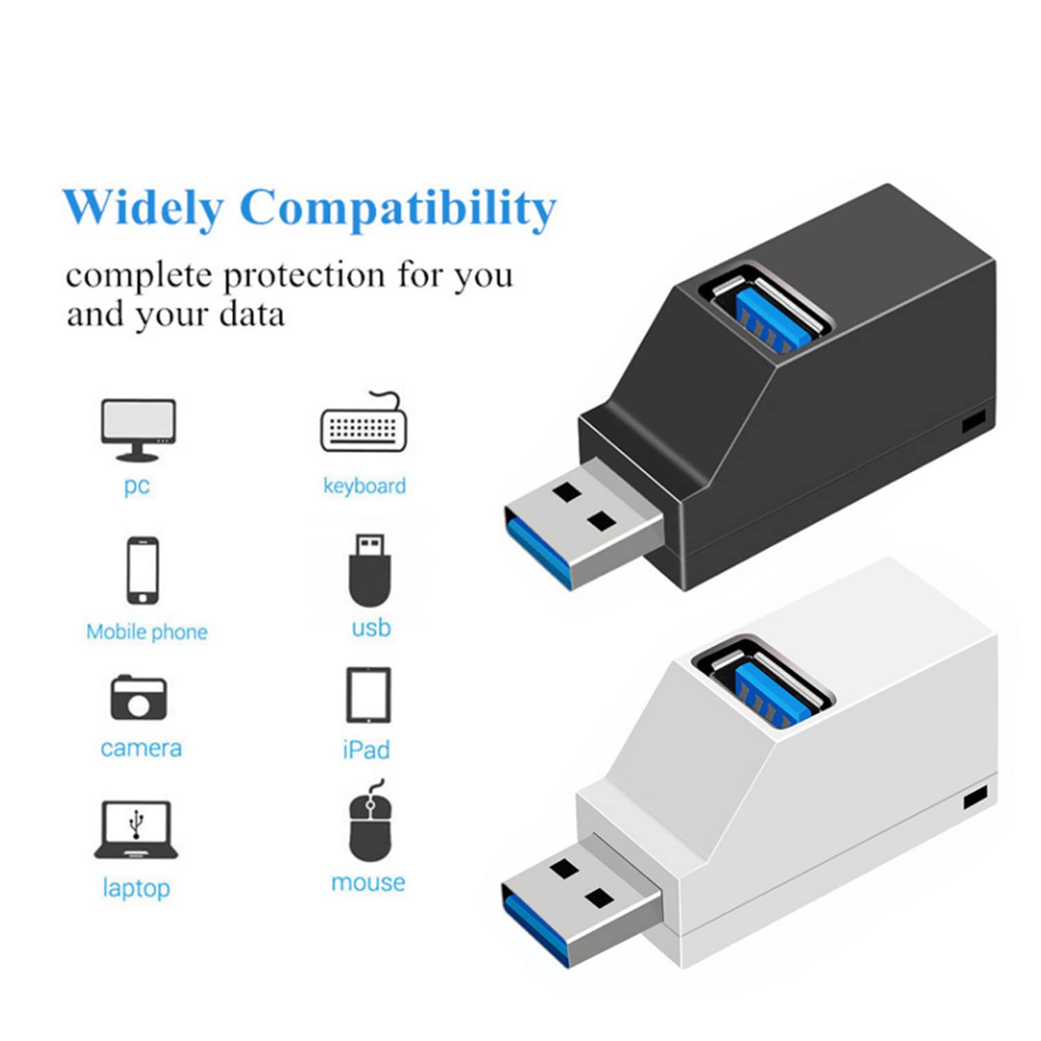 LIXINTIAN[2 Pack ] USB2.0 Splitter, 3-Port USB 3.0 Hub, for Notebook, USB Flash Drives, Mobile HDD, Laptop, PC - White Black
