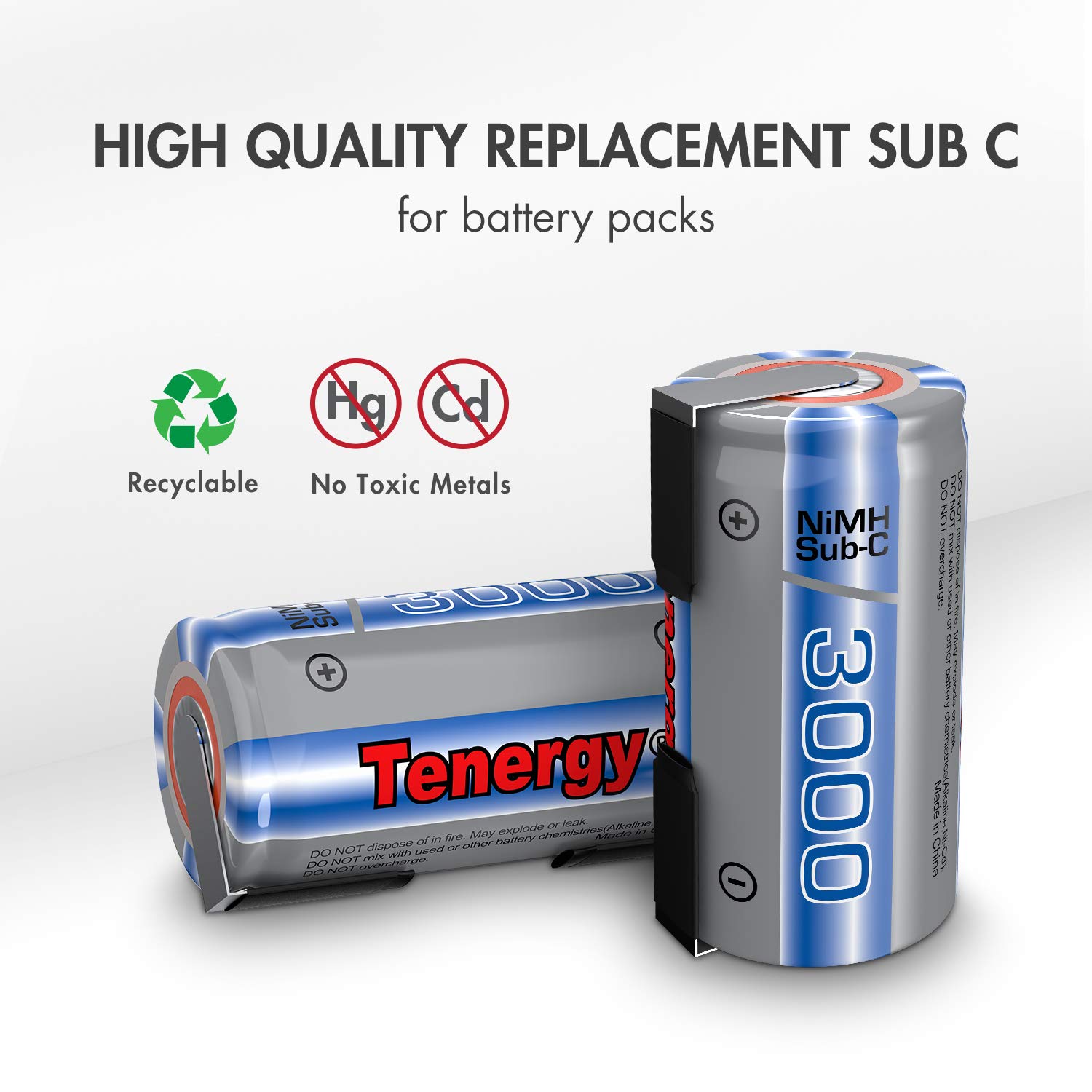 Tenergy NiMH SubC 1.2V 3000mAh Rechargeable Batteries, with Tabs, 15 Pack