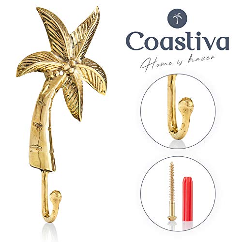 Coastiva Brass Palm Tree Decorative Wall Hook, Coastal Home Decor for Towel Holder in Bathroom, Wall Mounted Nautical Style Hooks for Hanging Coat, Robe, Bag, Towels, Hat, Purse and Key