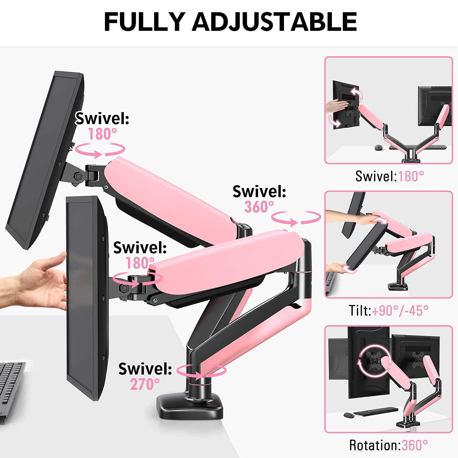 MOUNTUP Pink Dual Monitor Desk Mount& Gaming Single Monitor Stand Fully Adjustable Bundle for Computer Screen up to 32 inch, Holds up to 17.6lbs