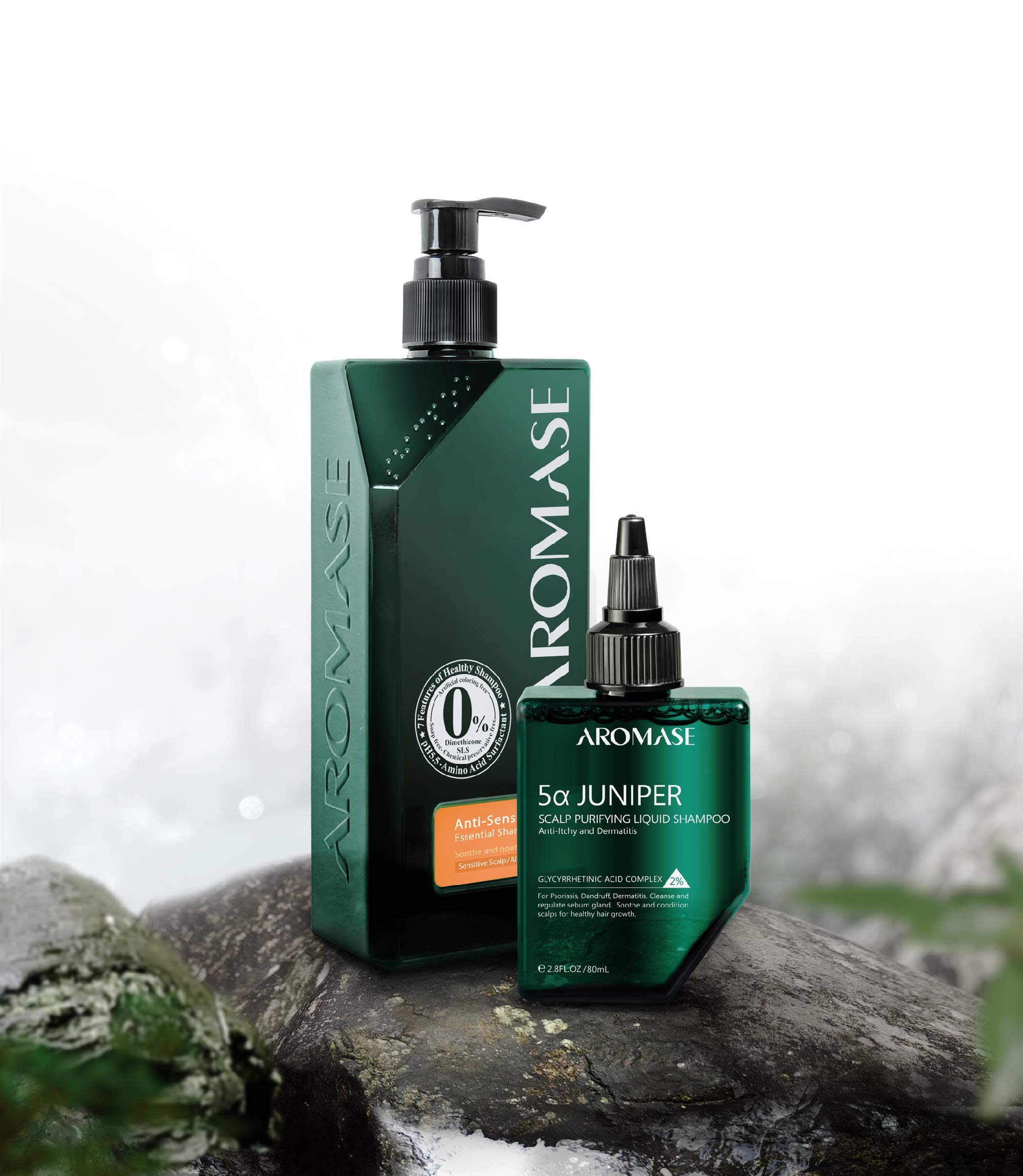 Aromase Dry and Dry Dandruff Solution Kit (5α Juniper Scalp Purifying Liquid Shampoo 2.8 Fl Oz + Dry and Sensitive Solution Shampoo 14 Fl. Oz) for Very Dry Scalp, Dry Dandruff