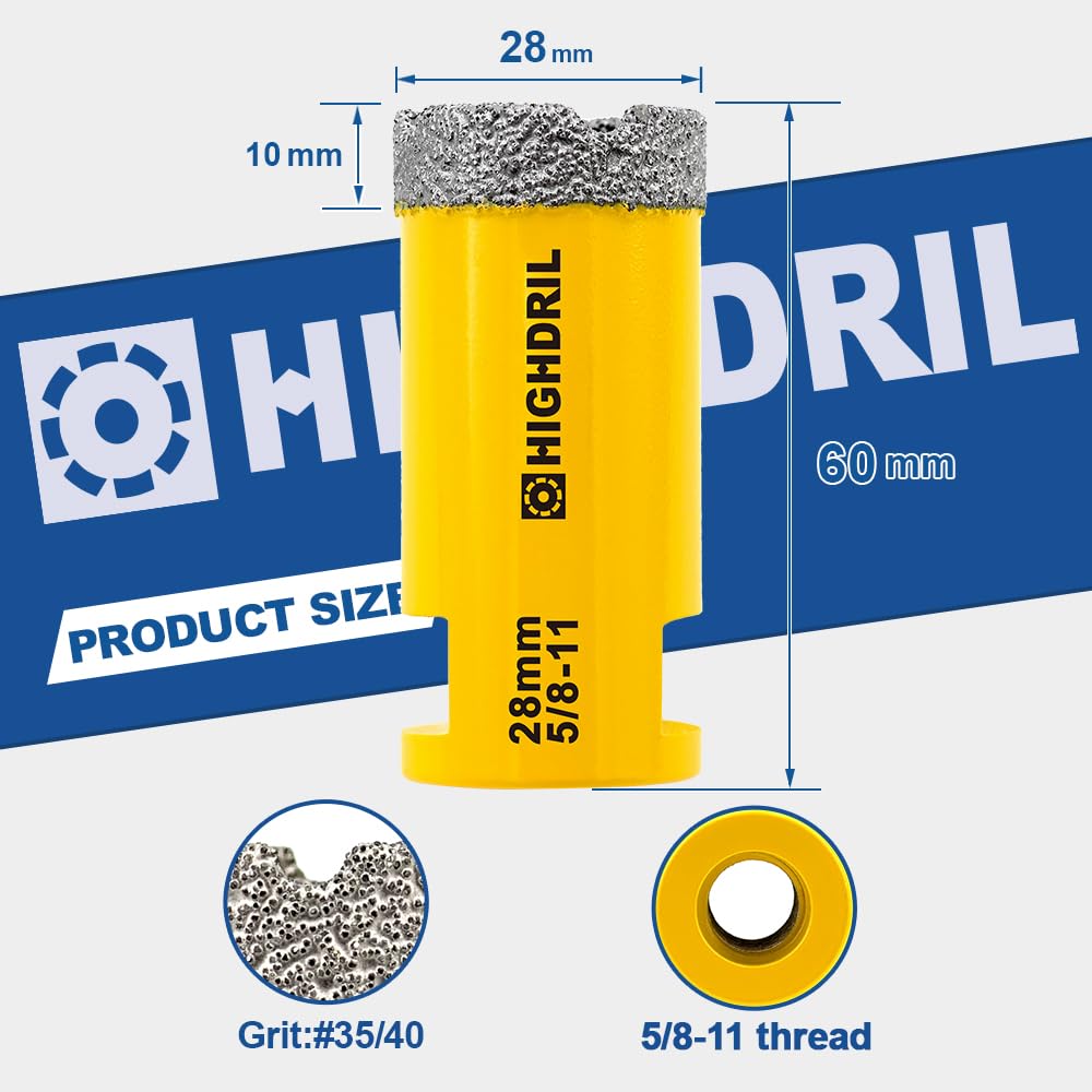 HIGHDRIL Diamond Core Drill Bit - 1-1/8"(28mm) with 5/8-11 Thread Dry Drilling for Porcelain Tile Ceramic Granite Marble Stone Masonry Brick