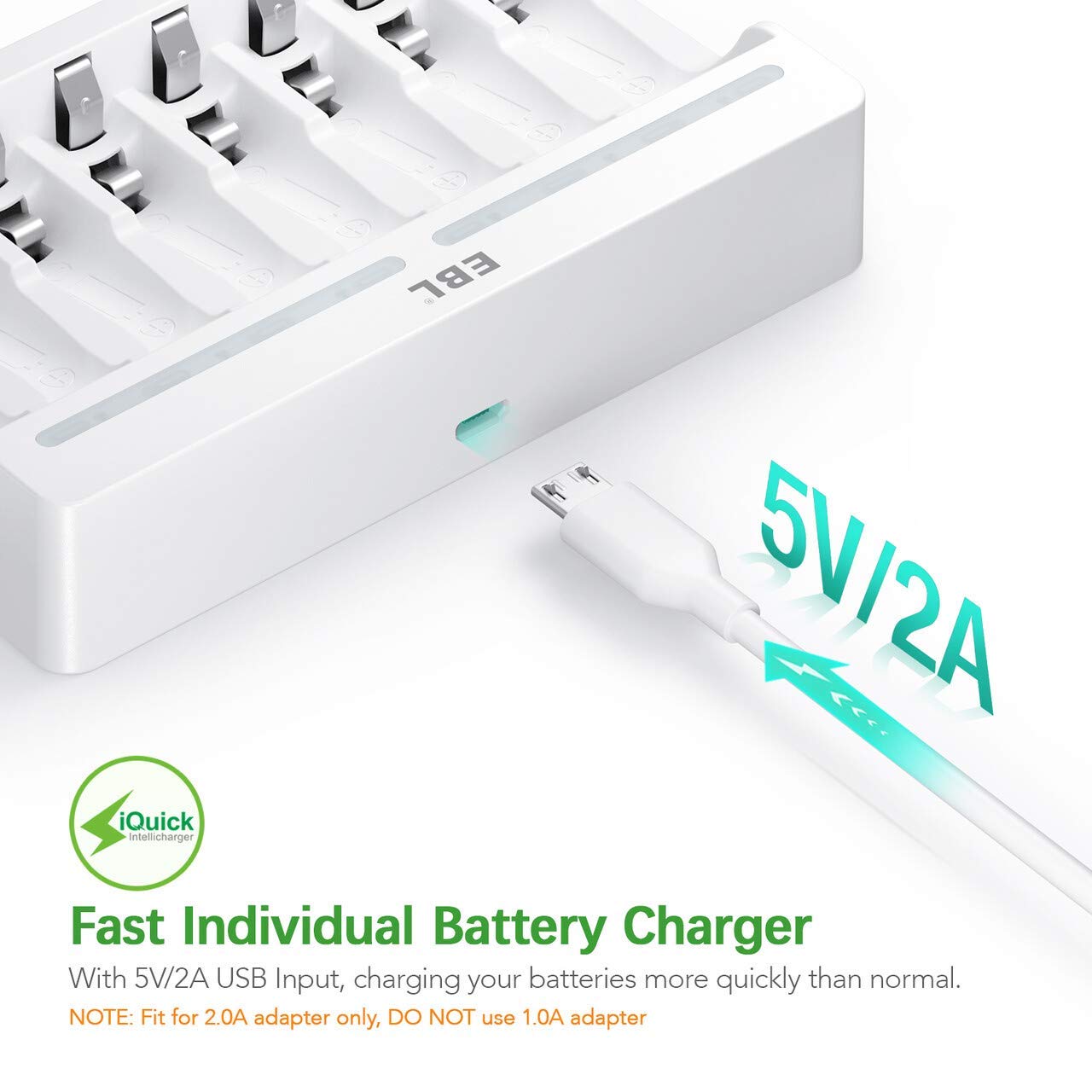 EBL Rechargeable AA Batteries 2800mAh (12 Pack) and AAA Ni-MH Rechargeable Batteries 1100mAh (4 Pack) with 8-Bay AA AAA Individual Battery Charger
