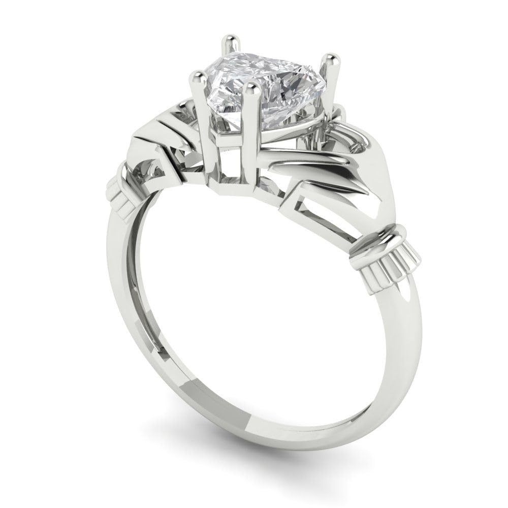 1.06 Ct Brilliant Heart Cut Clear Simulated Diamond 14K White Gold Solitaire Claddagh Engagement Anniversary Ring Size 10