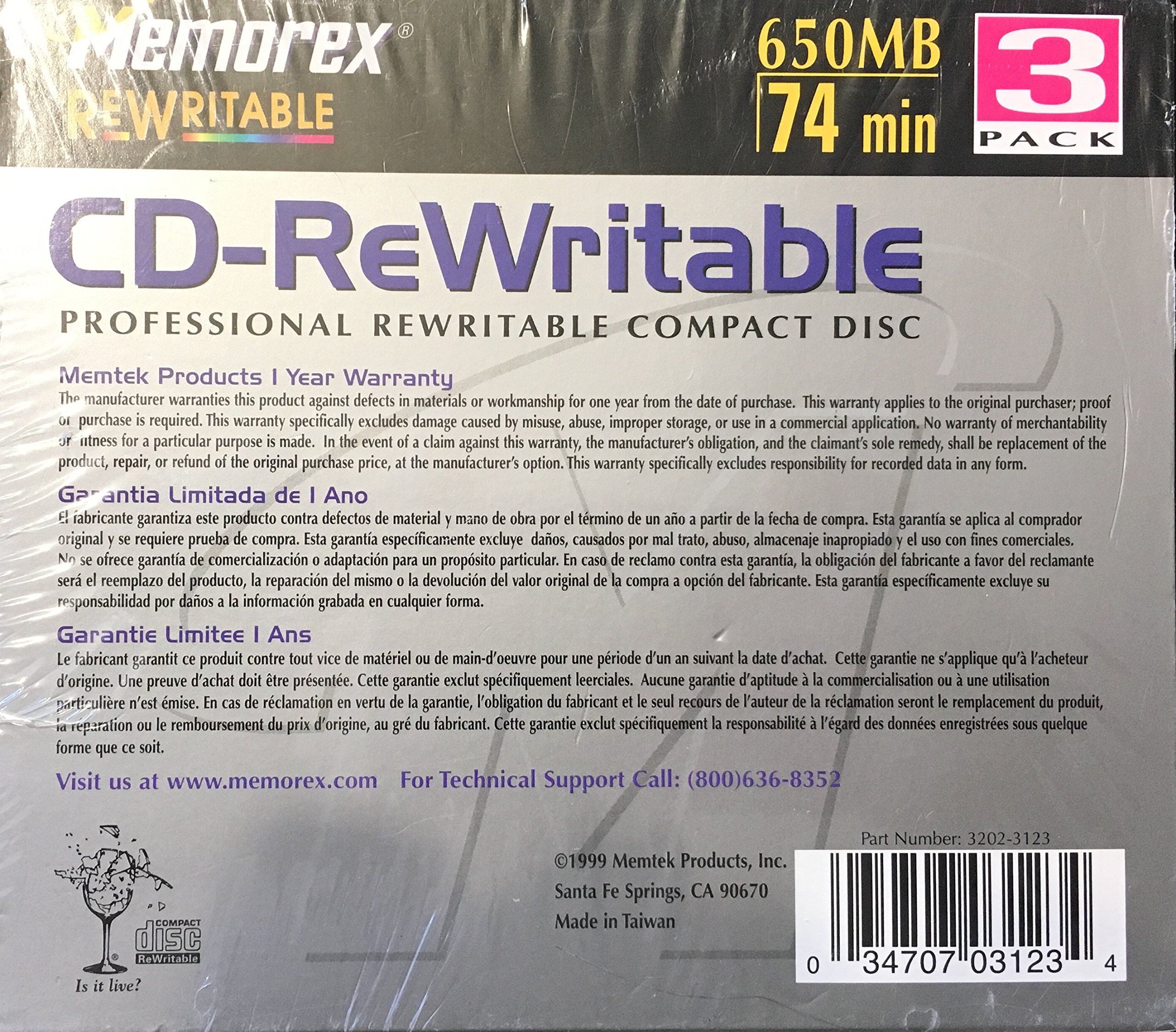 3-Pack of Memorex CD-RW 650MB 74 min Professional Rewritable Compact Disks in standard jewel cases