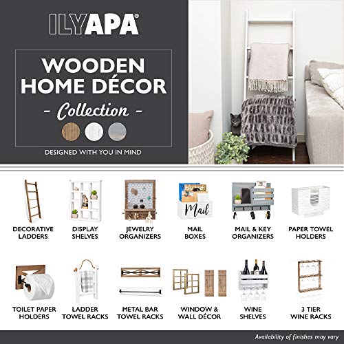 Ilyapa Key and Mail Holder for Wall - Mail Organizer Wall Mount with Decoraitve Shelf - Rustic White Wooden Wall Key Holder with 5 Metal Hooks