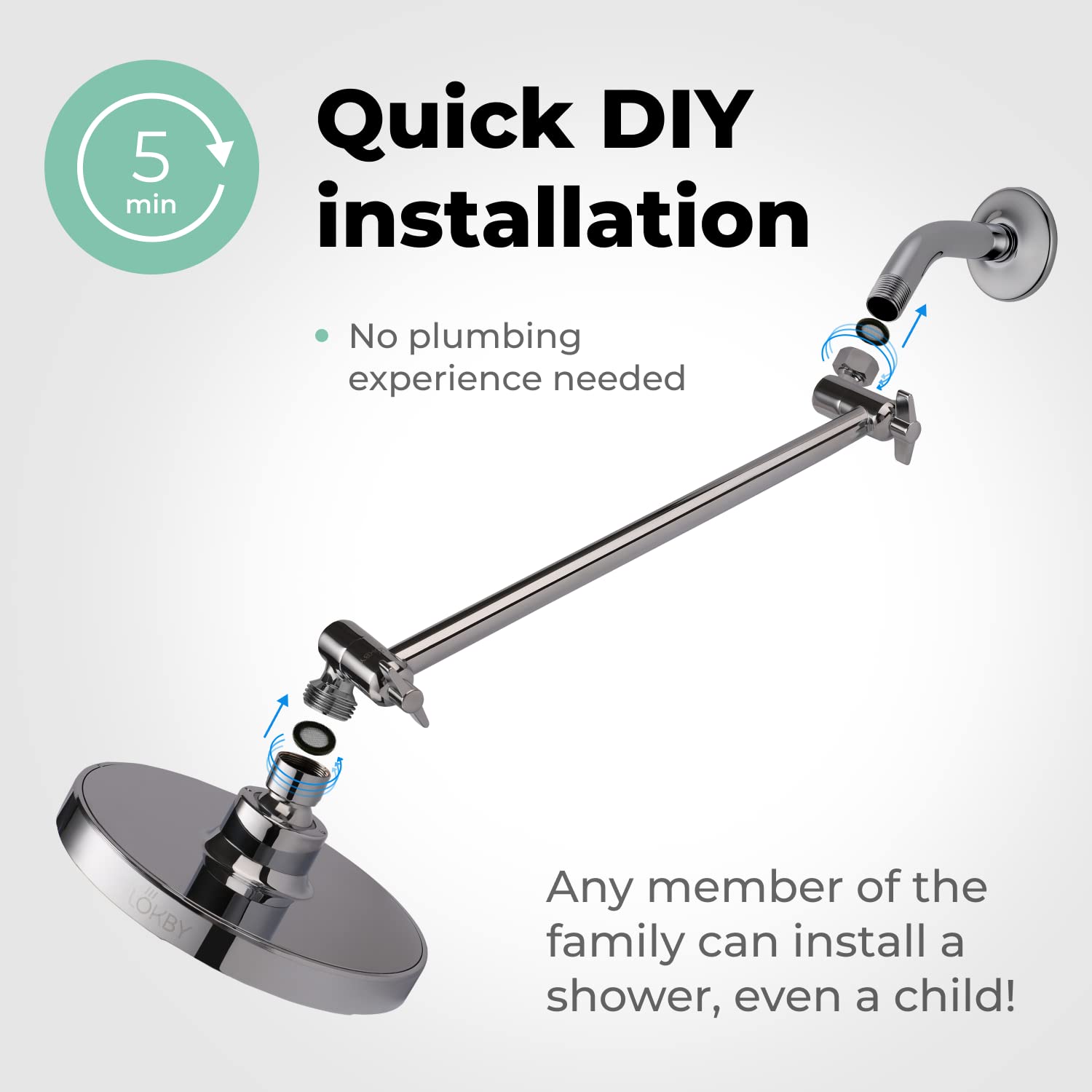 11'' Shower Head Extension Arm by LOKBY - Anti-Leakage Shower Extension Arm - Adjustable Shower Arm Fits Any Rain or Handheld Shower Heads - Shower Head Extension Pipe - Rust Proof Materials - Nickel