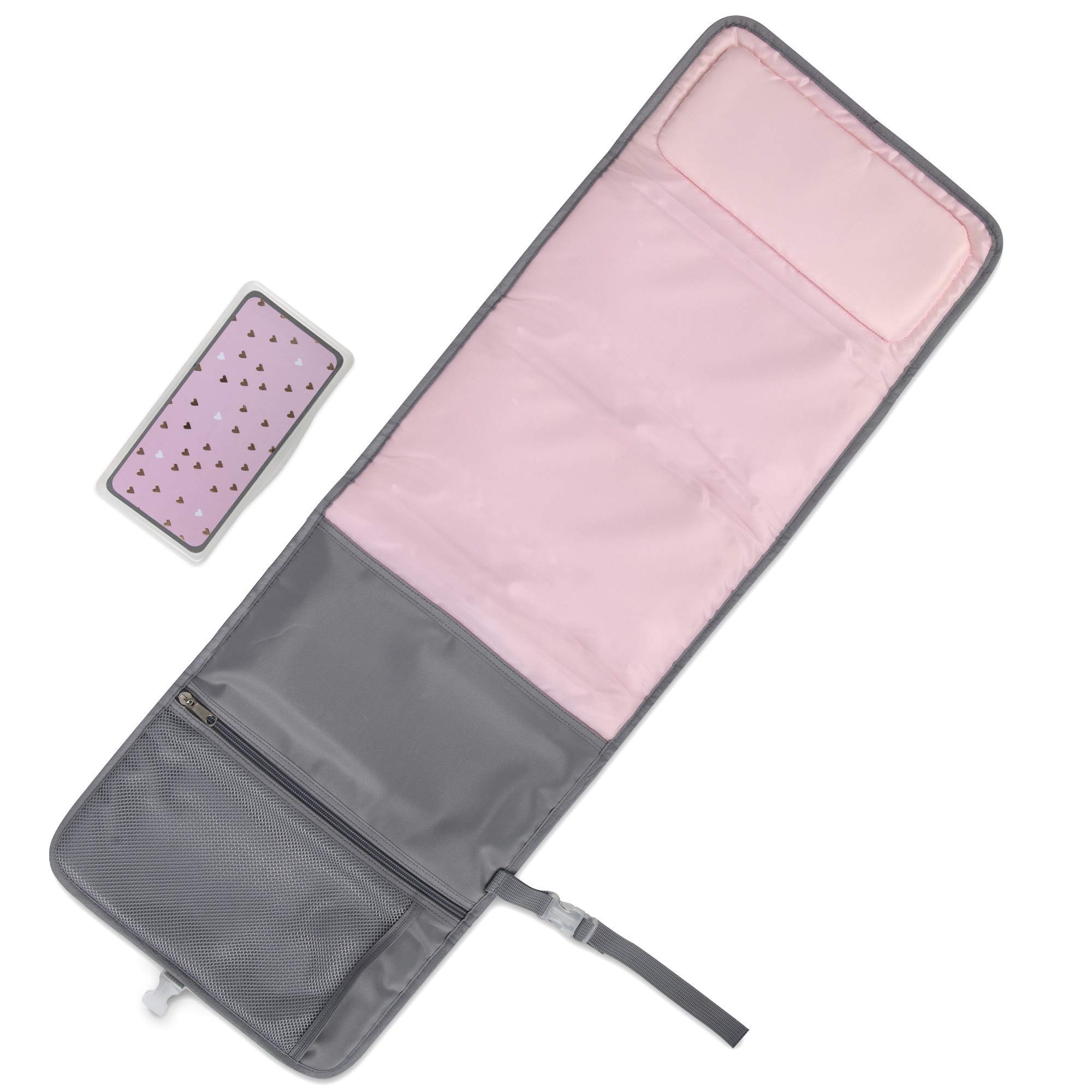 Portable Diaper Changing Pad Station Waterproof for Baby Girl, Boy with Padded Head Rest, Wipes Dispenser (Pink Hearts)