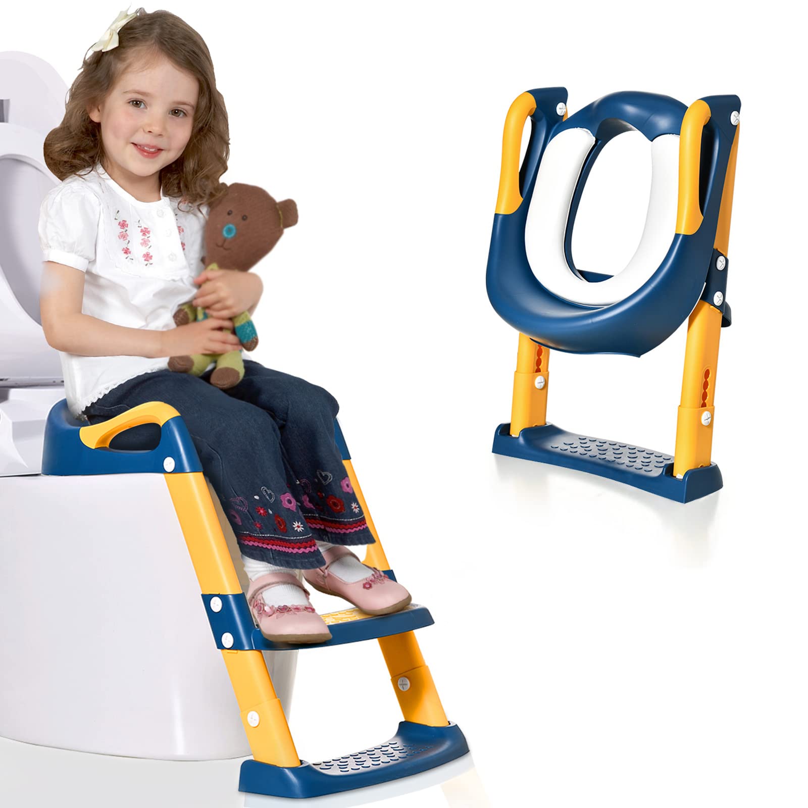 Potty Training Toilet Seat with Step Stool Ladder PU Padded, MateYunkids Foldable Potty Training Chair Seats with Safety Handle, Anti-slip Step Stool Pads for Kids Toddlers