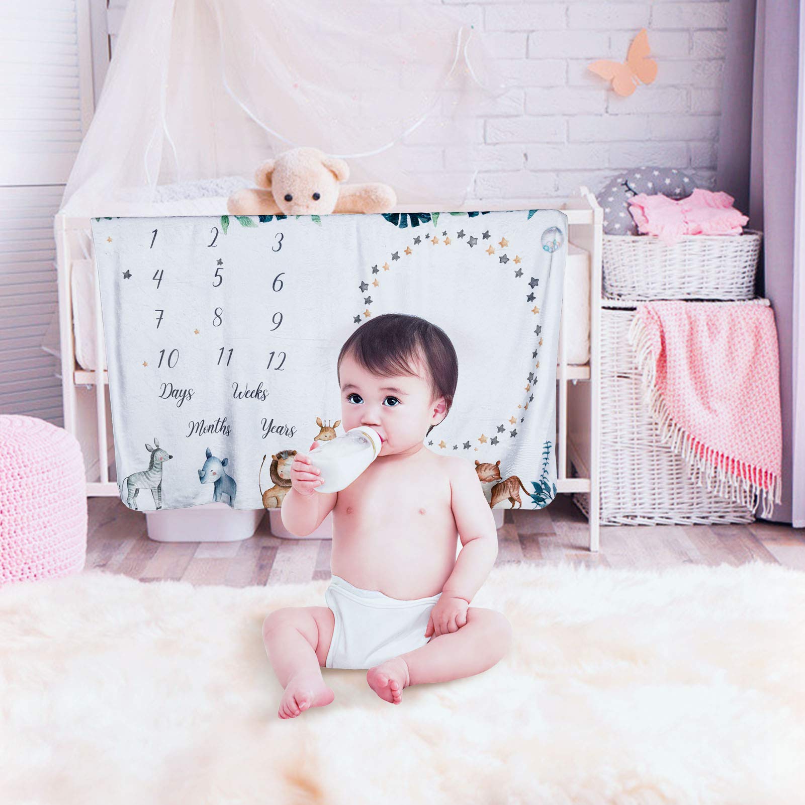 Baby Monthly Milestone Blanket - Nursery Decor for Newborn Baby Shower - Personalized Soft Fleece First Year with Days/Weeks/Months/Years - Markers & Frame &12 Stickers Included - Large 55"x40"
