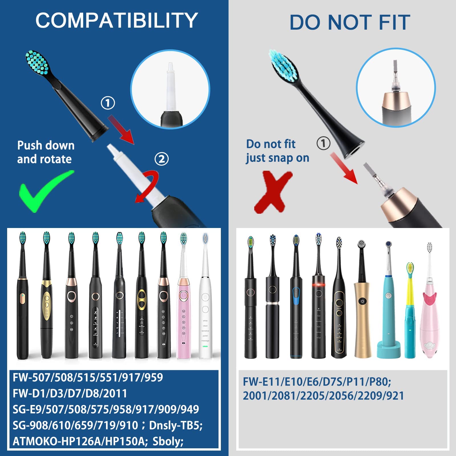 5pc Toothbrush Heads Compatible with Fairywill D7/D8/FW507/508, 551/917/959/D1/D3 (Black)