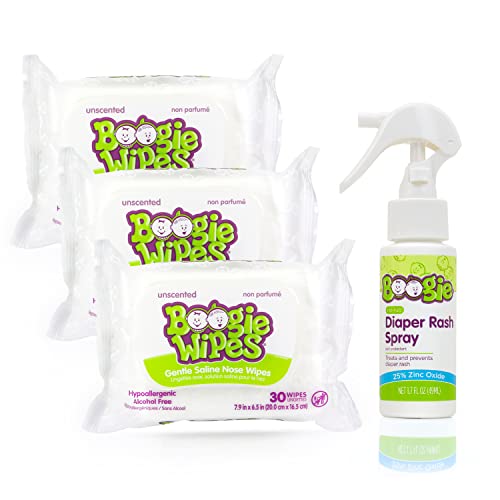 Baby Wipes Unscented & Diaper Rash Cream Spray by Boogie, 3 Packs of 30 (90 Total Wipes), 1.7 oz 1 Diaper Rash Spray