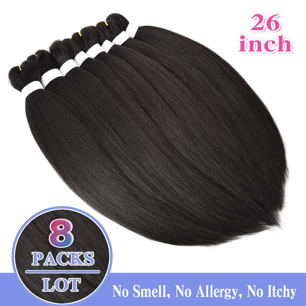 8 Pack Braiding Hair Pre Stretched - 26" 100G/Pack Premium Pre Stretched Braiding Hair Extensions, Professional Itch Free Hot Water Setting Perm Yaki Texture Prestretched Braiding Hair(1B)
