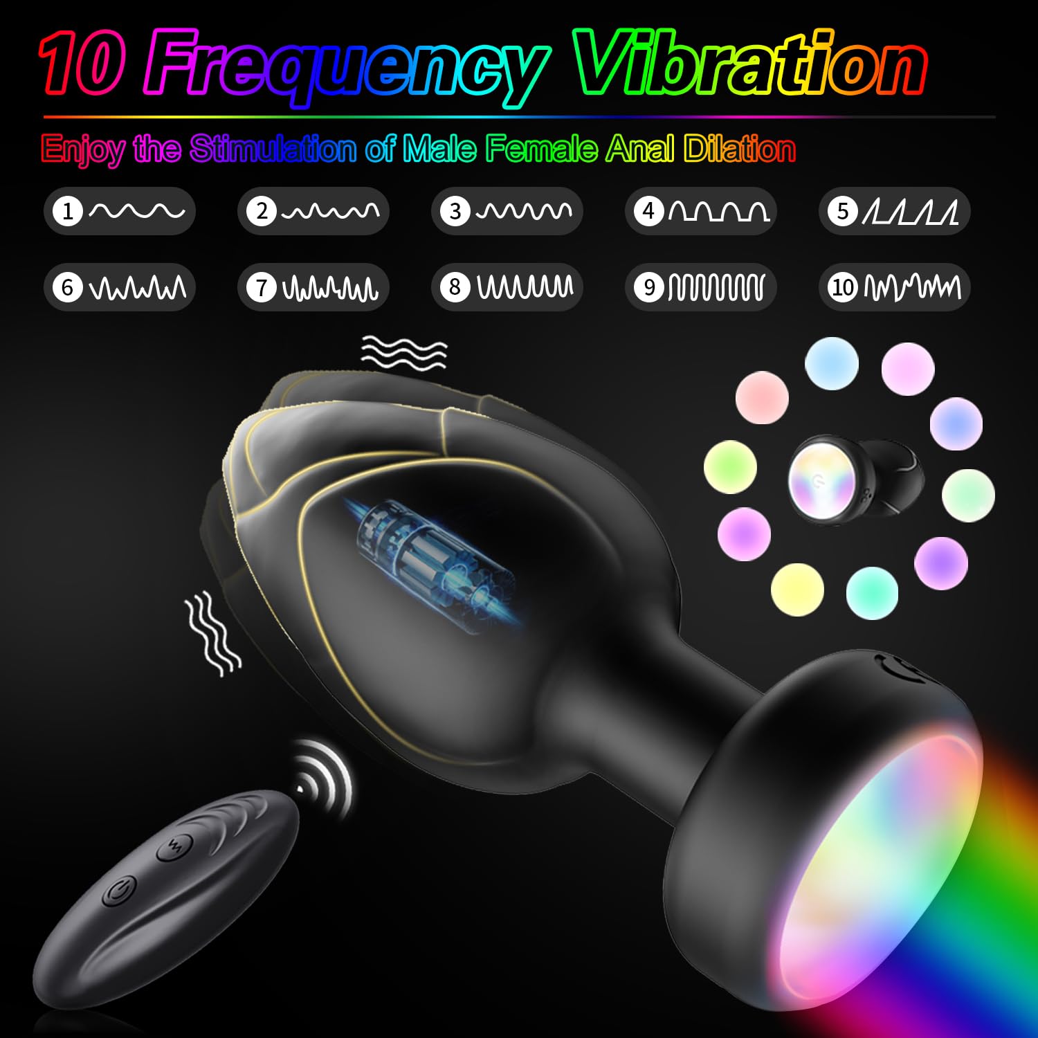 10 Modes Vibrating Butt Plug - LED Colorful Light up Remote Control Anal Plug for Prostate Massage, Adult Sex Toys Black