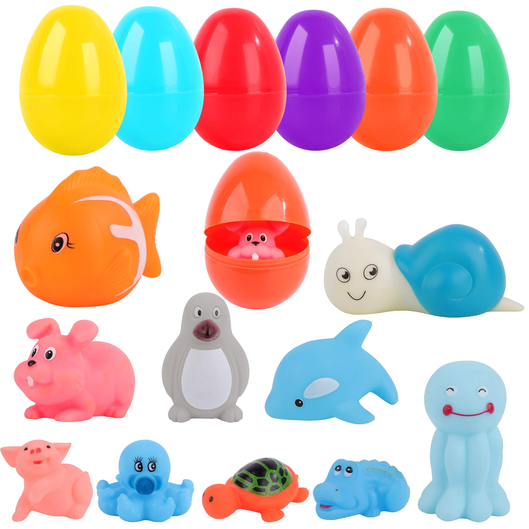 10 Packs Jumbo Size Easter Eggs (3.9'') with 10 Packs Assorted Animal Squirters for Kids Easter Egg Hunt Games, Bath Water Toys For Easter Basket Stuffers, Carnivals School Supplies and Gift Exchange