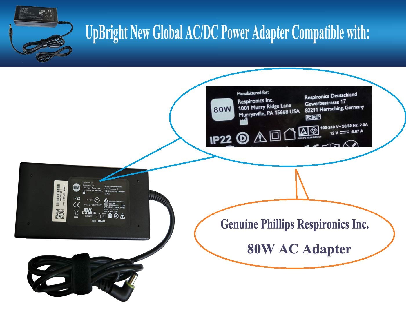 OEM 80W UL Testing Certification 12V AC/DC Adapter Compatible with Philips Respironics DreamStation 2 Advanced Auto CPAP Label DSX510 DSX520 DSX510H11C DSX510T11C DSX520H11C DSX520T11C Power Supply