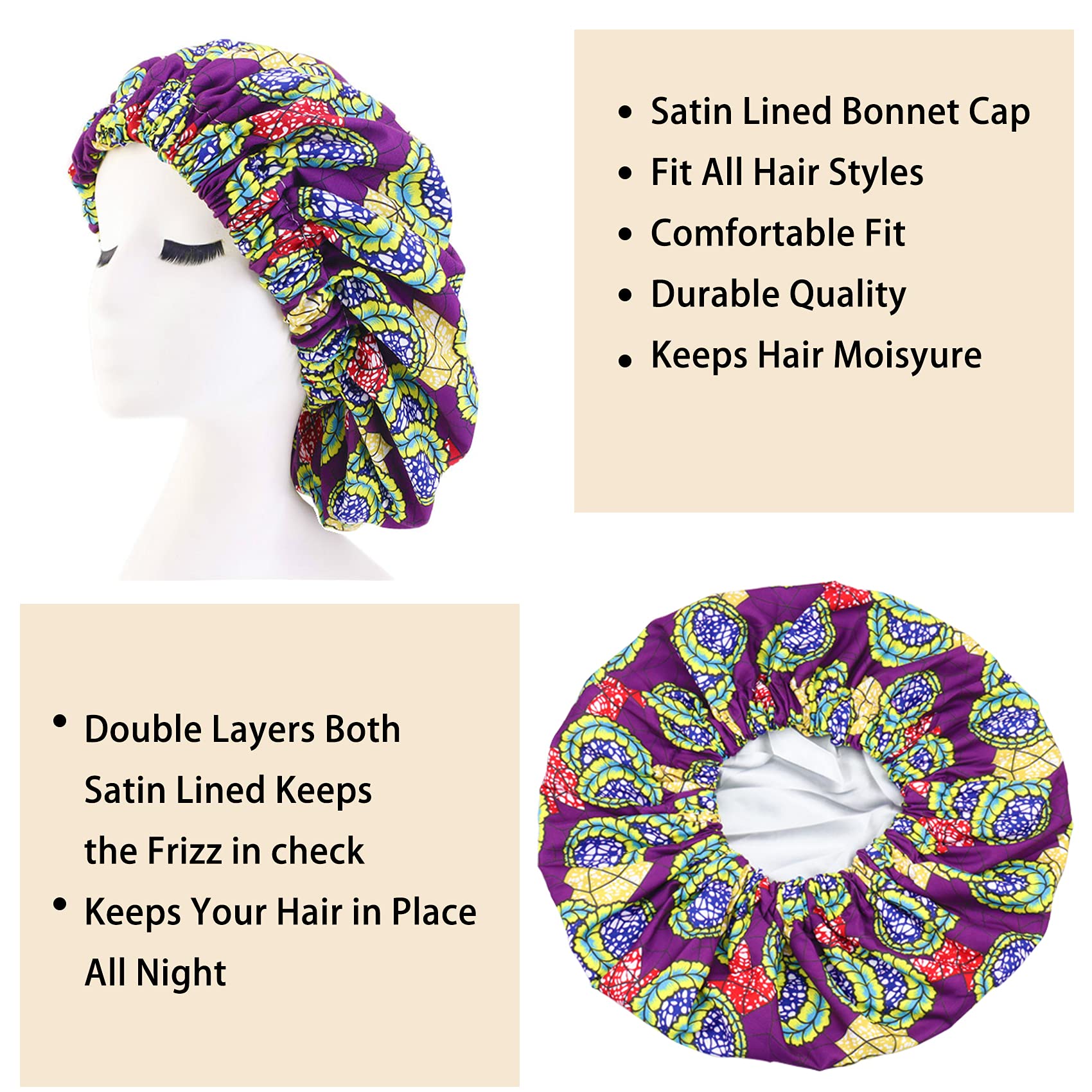 6 Packs Double Layer Satin Bonnet for Women Silk African Print Sleep Cap Head Scarf Large Head Wrap Soft Night Sleeping Hat Adjustable for Long Curly Natural Hair Braids