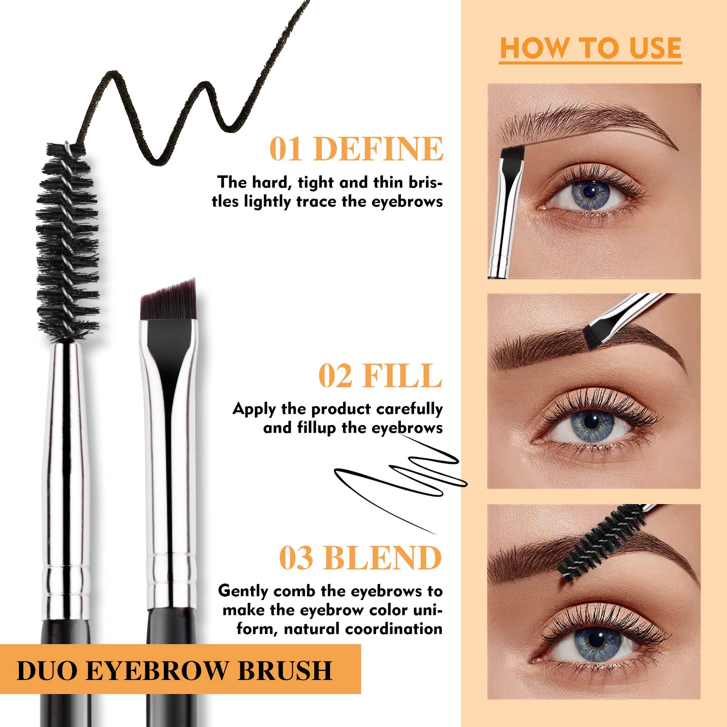BEILI Duo Eyebrow Brush - Professional Angled Eye Brow Brush and Spoolie Brush
